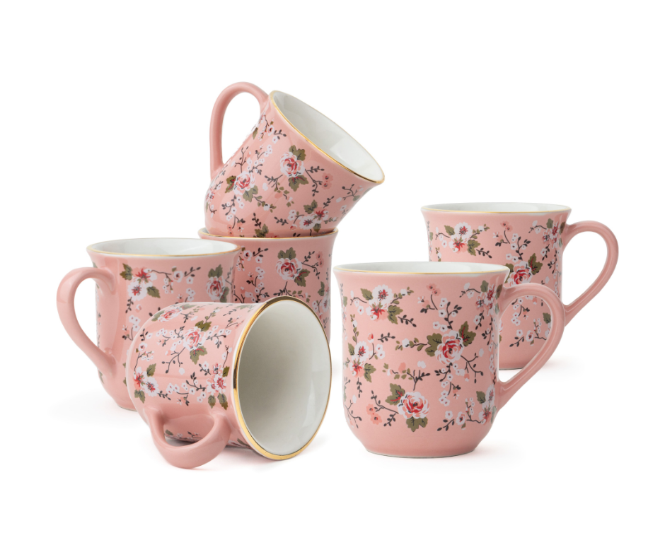 Ceramic Tea Cups Set of 6, Pink Floral,180ml | Floral Collection | Glo