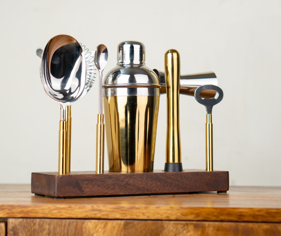 Bar Tool Set with Wooden Stand- 8-Piece, Bartender Kit : Shaker, Spoon